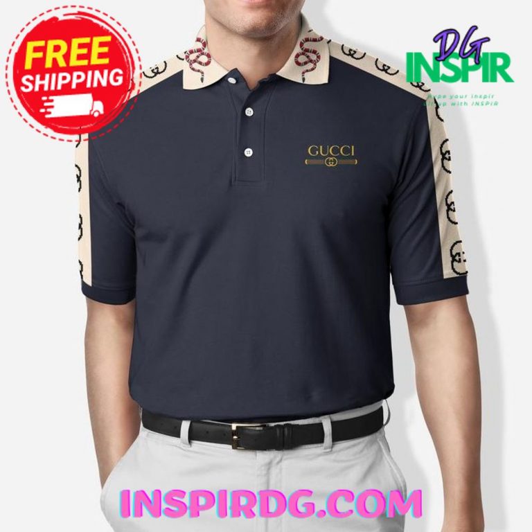 Gucci Limited Edition Dark Blue Logo on Sleeves Polo Shirt - InspirDG