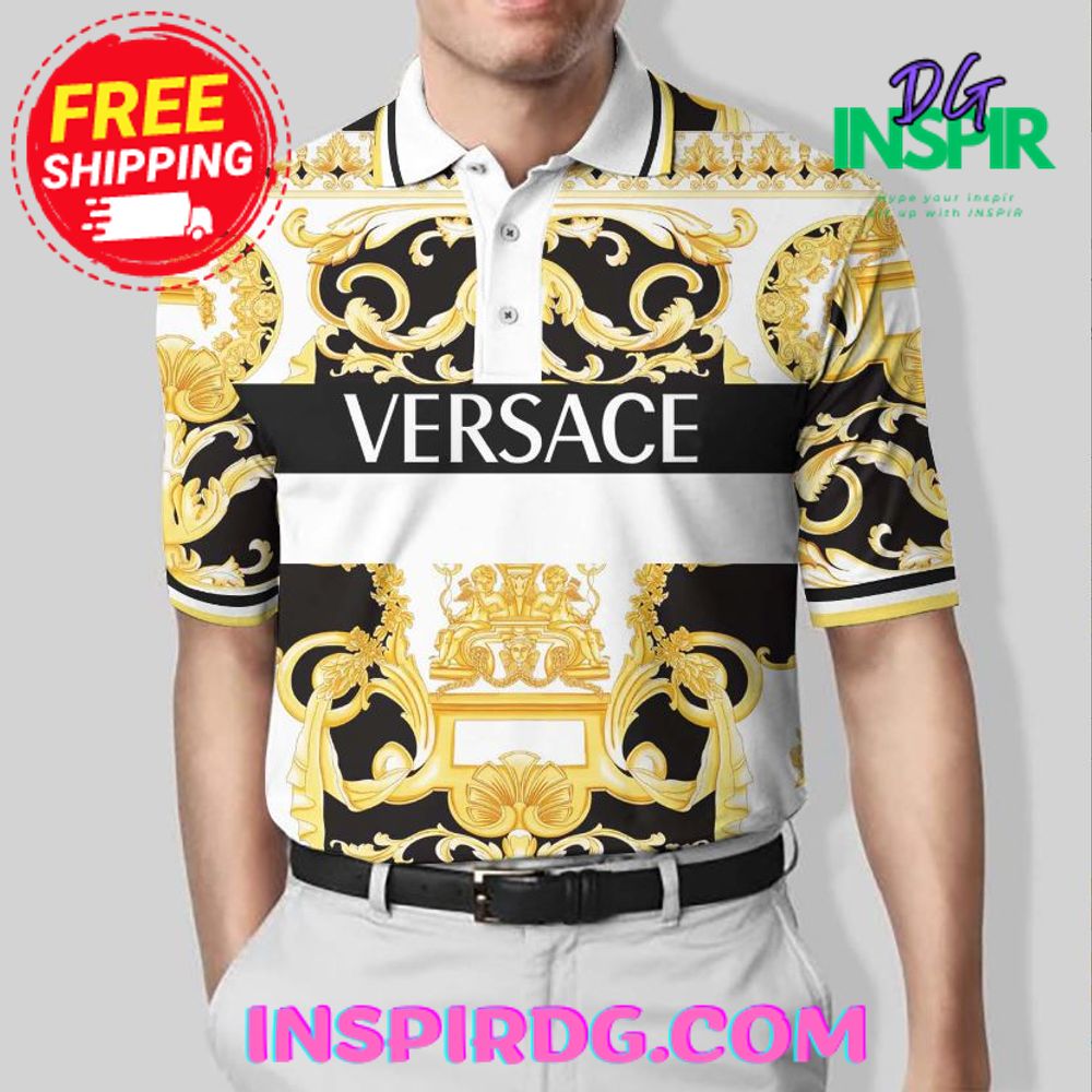 Versace Limited Luxury Pattern White Yellow All Over Polo Shirt - InspirDG