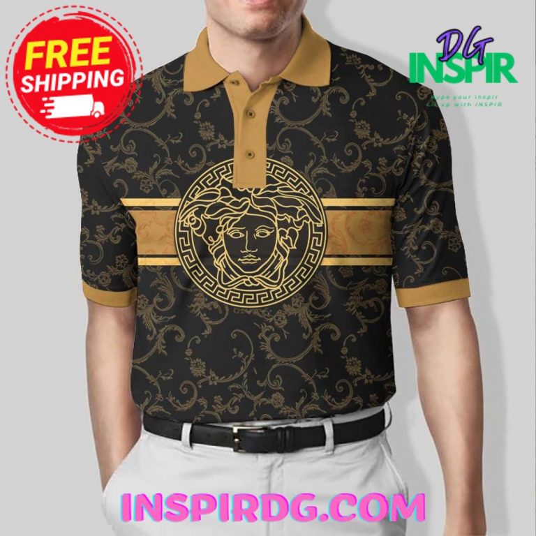 Versace Royal Luxury Black And Gold Pattern Polo Shirt - InspirDG